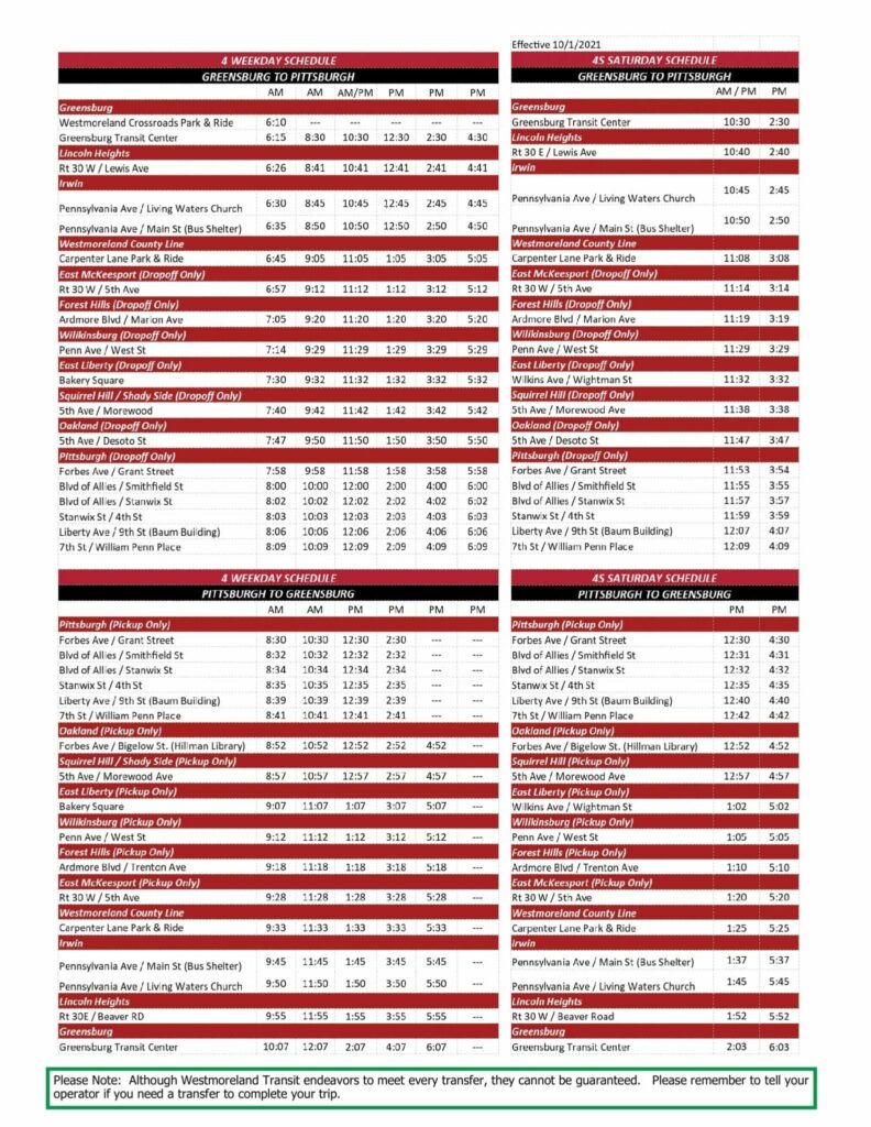 Route 4S Greensburg – Pittsburgh - Westmoreland Transit Authority